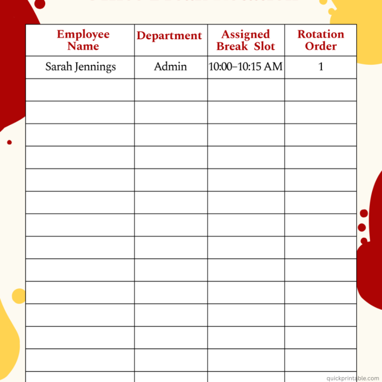 Daily Employee Break Log - quickprintable.com